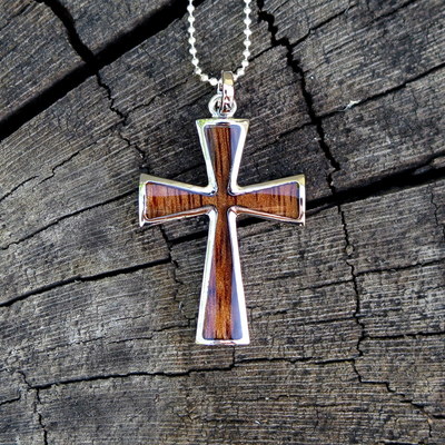 Hawaiian Jewelry Koa Wood Cross Silver Rhodium Plated Brass Pendant ...