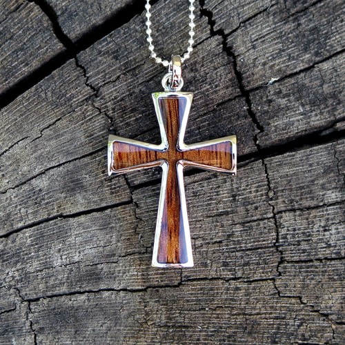 Hawaiian Jewelry Koa Wood Cross Silver Rhodium Plated Brass Pendant ...