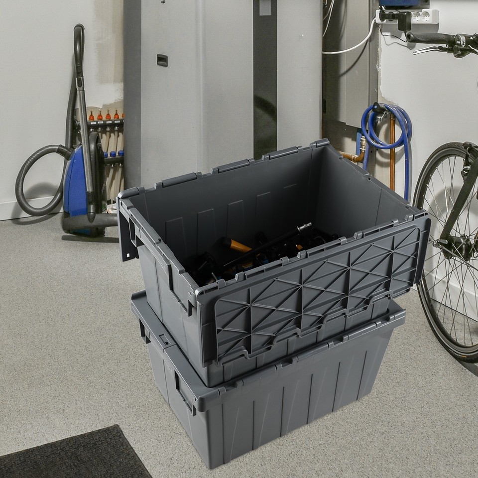 4-Pcs Industrial Plastic Stackable Storage Box Tote Container w/ Hinged ...