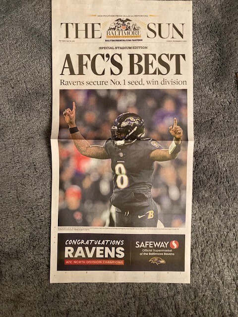 BALTIMORE RAVENS 12/31/23 Newspaper COVER BALT SUN RAVENS AFC BEST No1 ...
