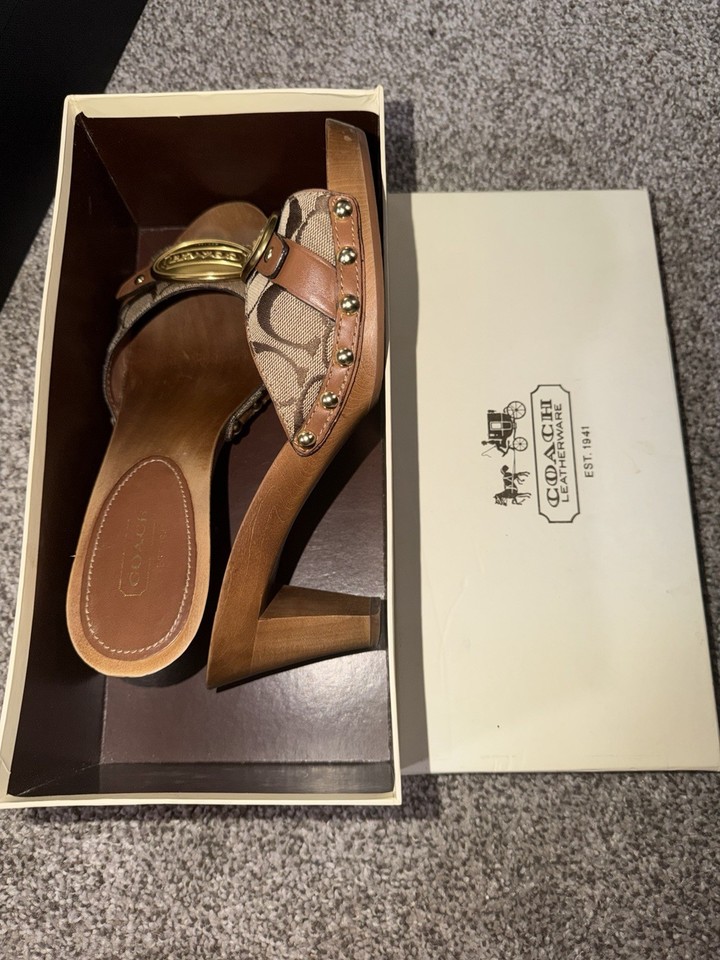 Coach Collie wood heel sandals with signature canvas and gold-tone ...