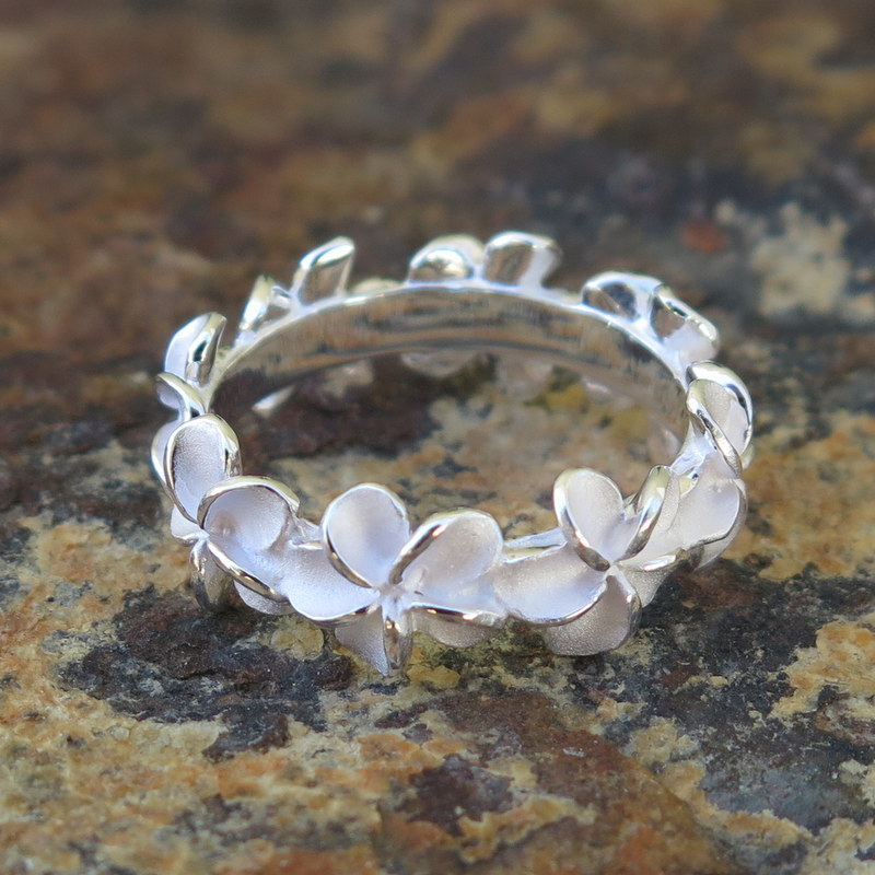 Hawaiian 925 Sterling Silver Plumeria Flower Lei Wedding Ring Band 8mm ...