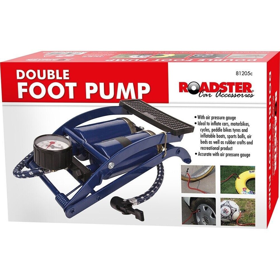 Double Barrel Cylinder Foot Pump Air Inflator Car Bike Motorbike Tyre ...