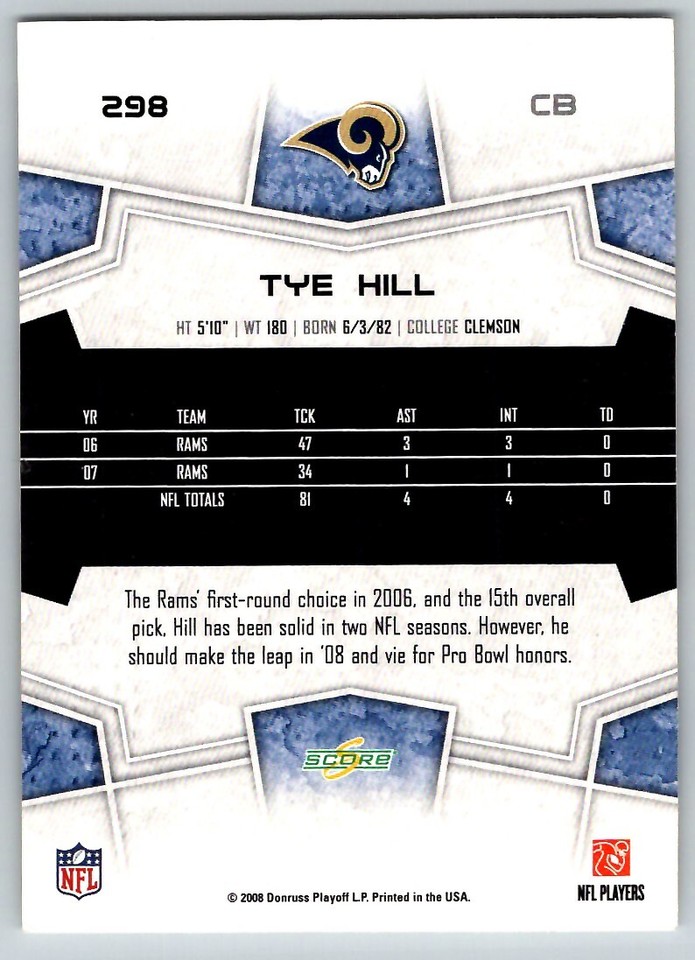 2008 SCORE TYE HILL ST. LOUIS RAMS #298 | eBay