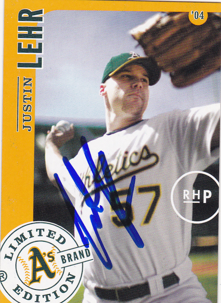 JUSTIN LEHR OAKLAND A'S ATHLETICS SIGNED CARD MILWAUKEE BREWERS ...