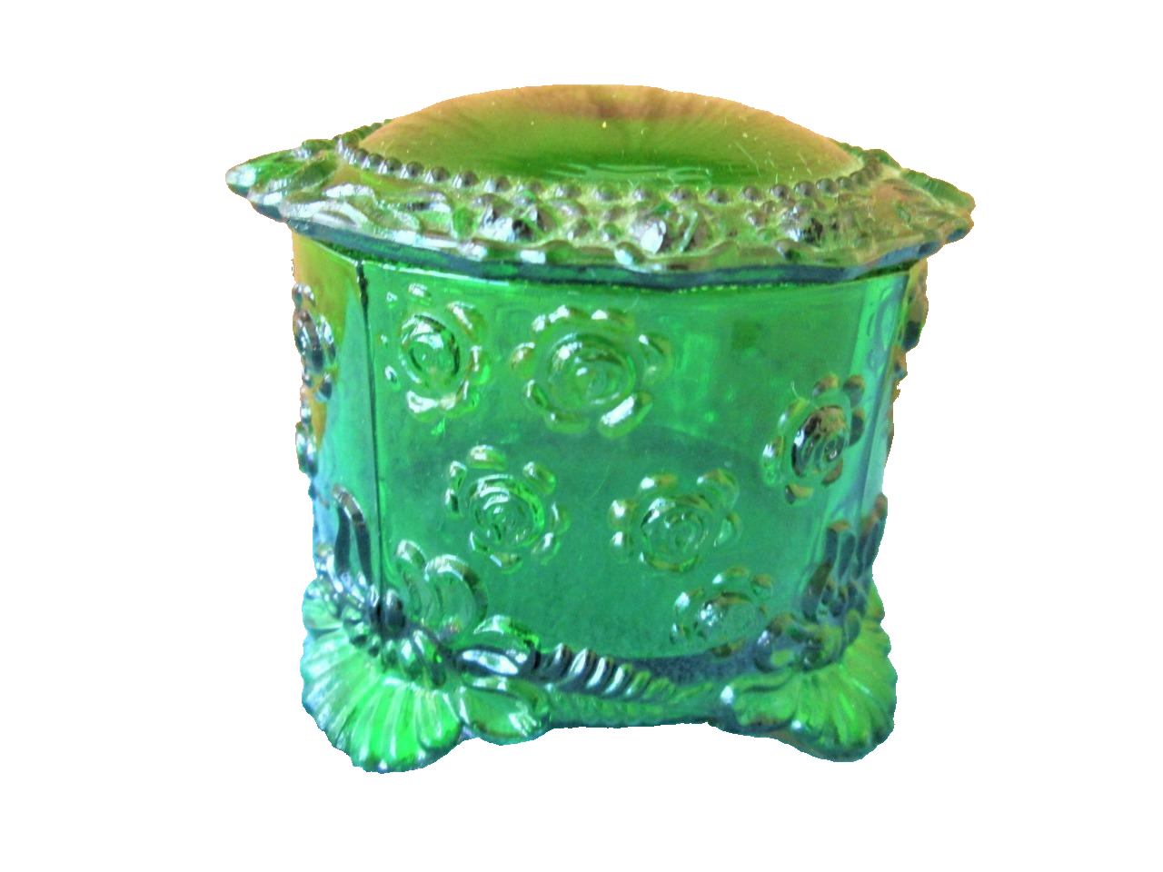 VINTAGE 70's WHEATON WARE GREEN GLASS ROSES FLOWERS TRINKET SUGAR BOWL ...