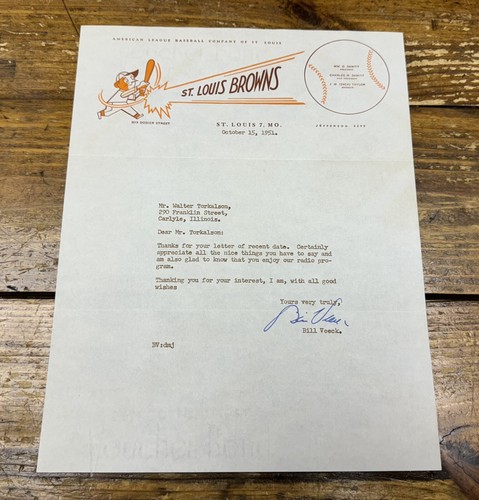 HOFER BILL VEECK SIGNED 1951 ST. LOUIS BROWNS LETTER TLS SCARCE | eBay