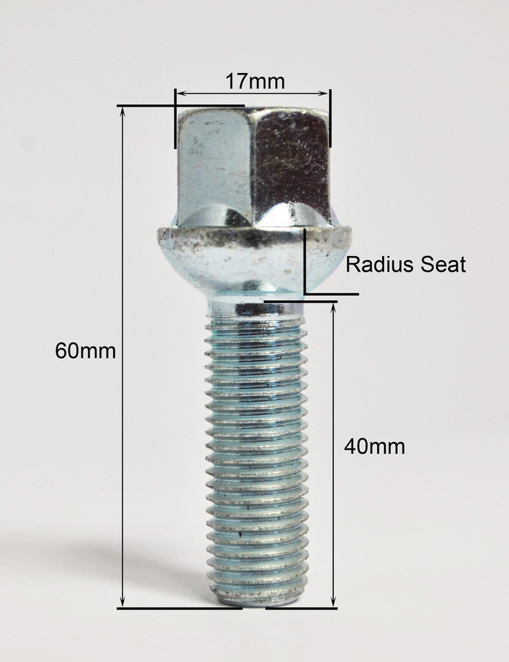 20 x M14 x 1.5, 40mm Thread, Radius-14 Wheel Bolts (Silver) | eBay
