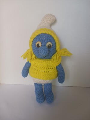 Vintage Handmade Crochet Smurfs Character Smurfette 12” Homemade Yello ...