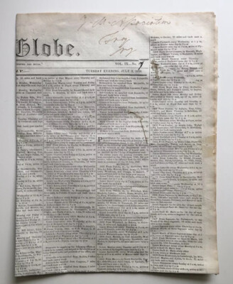 ANTIQUE 1839 NEWSPAPER THE GLOBE WASHINGTON DC BLAIR & RIVES JULY 2 ...