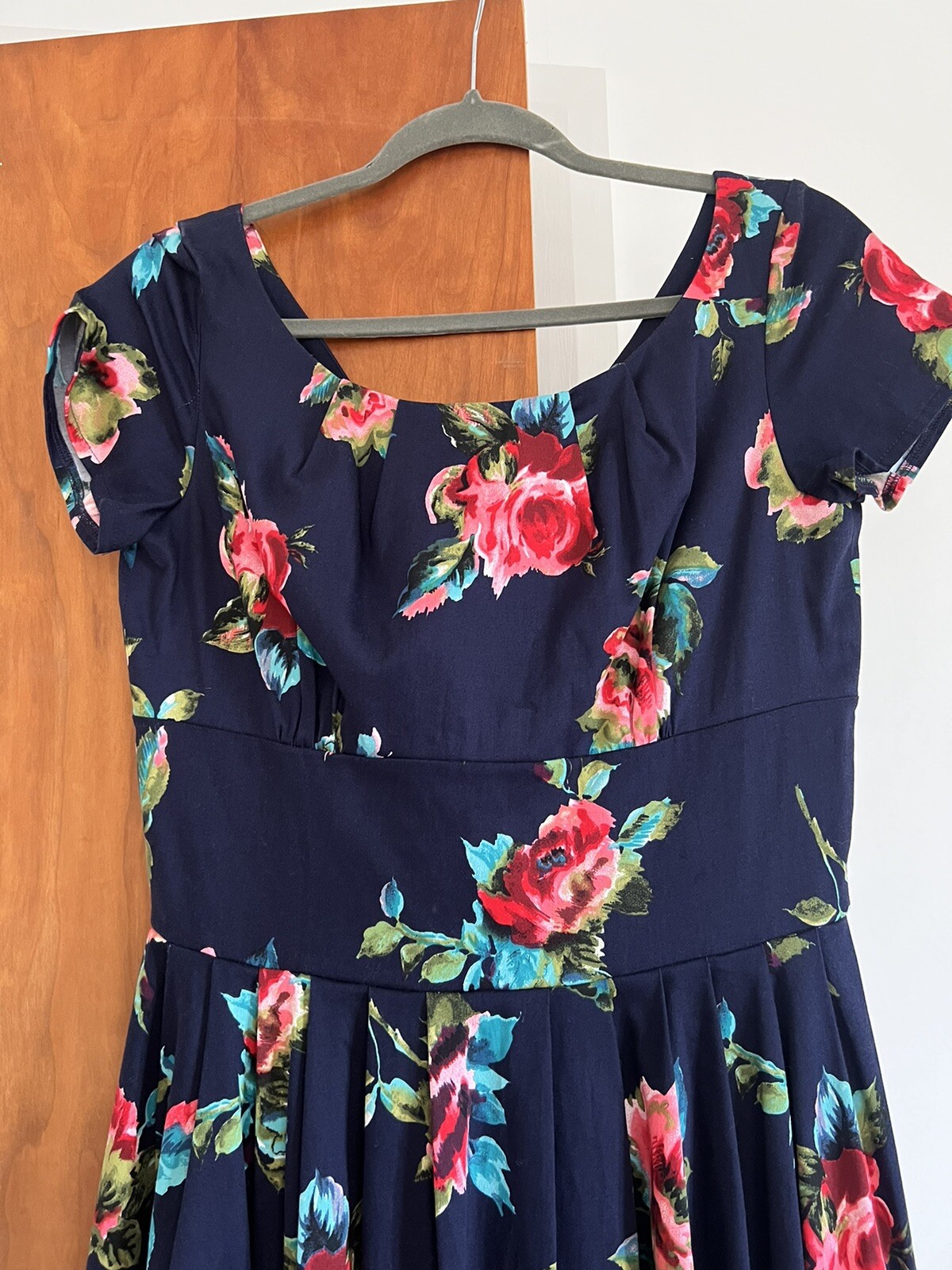 HOUSE OF FOXY DRESS,AUDREY STYLE FLORAL PEPLUM DRESS,COTTON NAVY SKATER ...