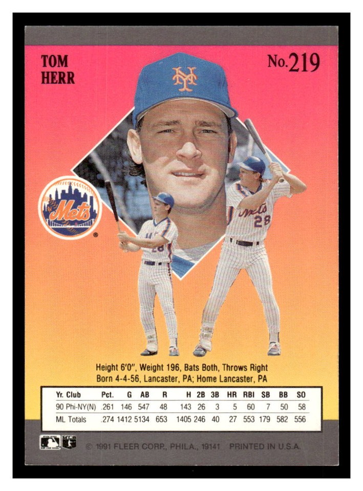 1991 Ultra #219 Tom Herr - New York Mets | eBay