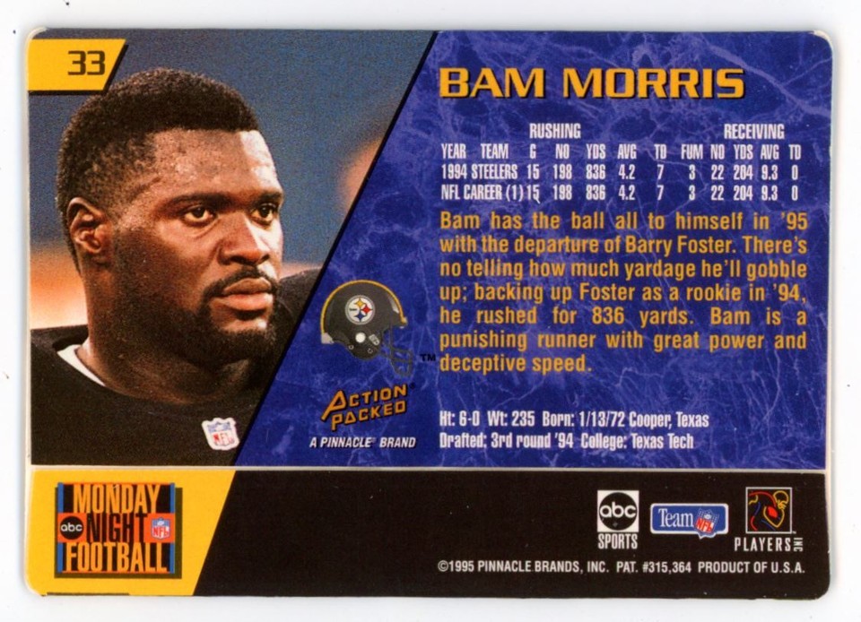 1995 Action Packed Monday Night Football Bam Morris Pittsburgh Steelers ...