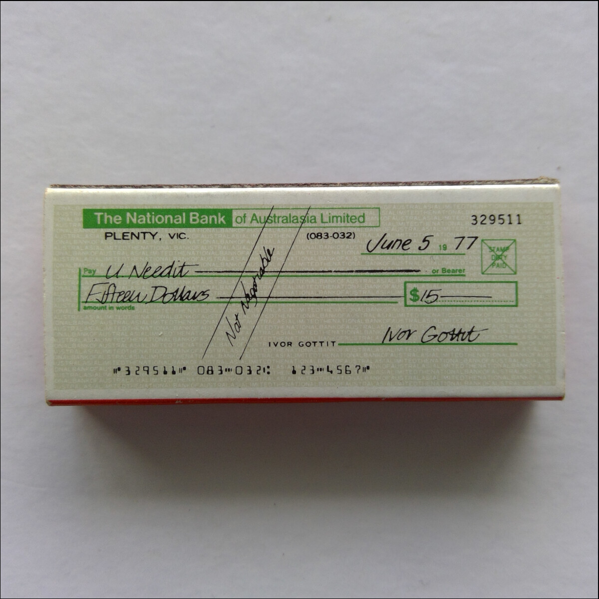 NAB National Australia Bank Cheque 329511 June 5 1977 Red Matchbox ...