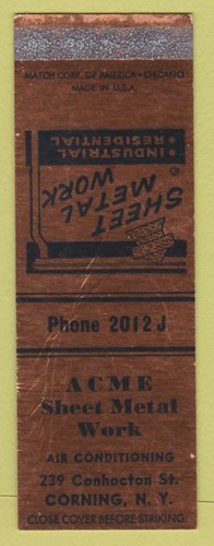 Matchbook Cover - Acme Sheet Metal Works Corning NY WORN SAMPLE | eBay