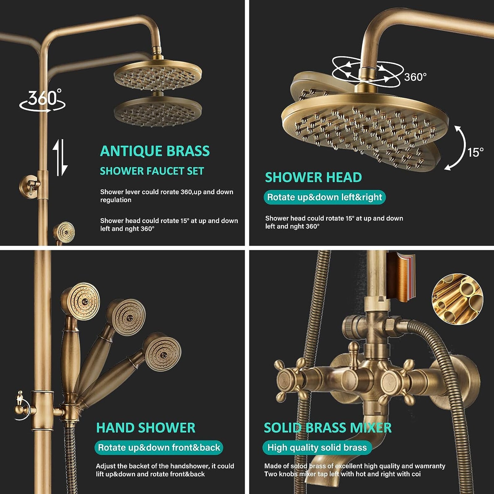 Antique Brass Exposed Shower Faucet System 8inch Rain Head Combo with ...