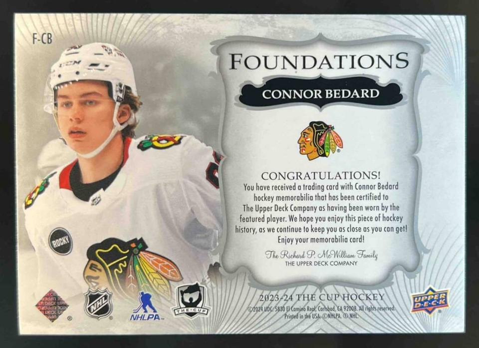 2023-24 Upper Deck The Cup Connor Bedard Foundations Quad RC Patch ...
