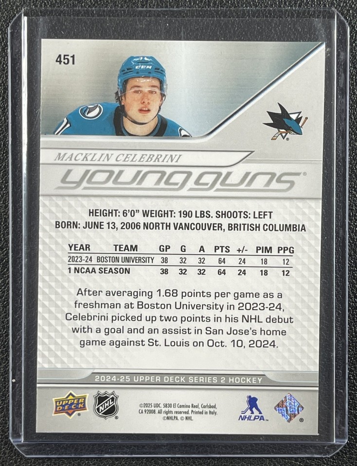 MACKLIN CELEBRINI 2024-25 UPPER DECK #451 ROOKIE YOUNG GUNS RC SHARKS C ...