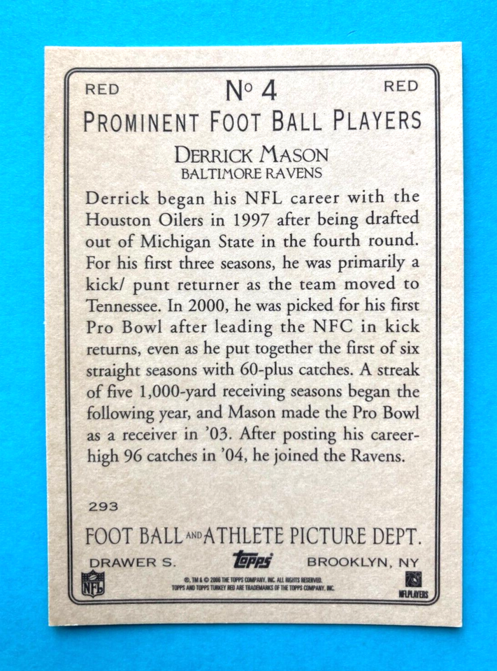 derrick Mason 2006 Topps Turkey Red "Red" card #4 Baltimore Ravens | eBay