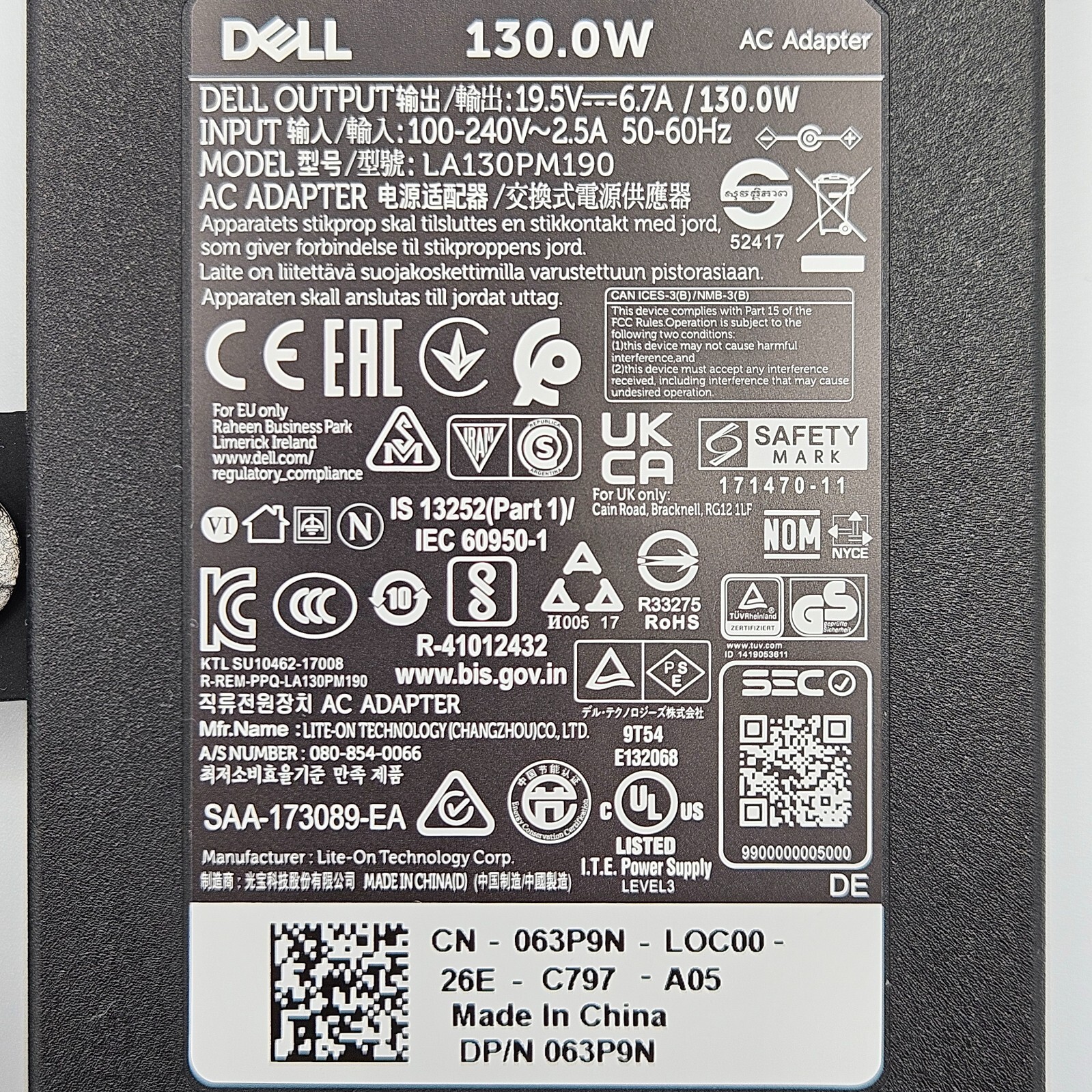 Dell Laptop AC Charger 19.5v 6.7a La130pm190 Power Lead - 063P9N / 130w ...