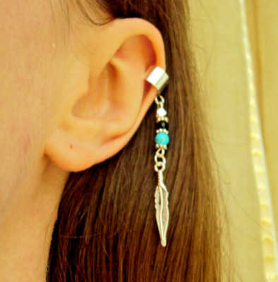 Turquoise Ear Cuff Earring Silver Feather Cartilage Wrap Native ...