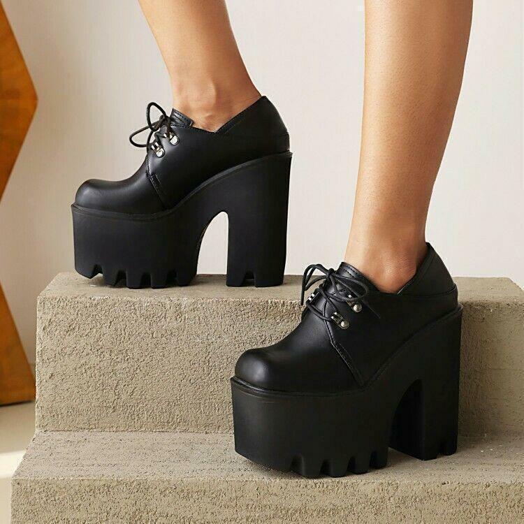Women Punk Creeper Shoes Block Heels Lace Up Platforms Party Casual ...