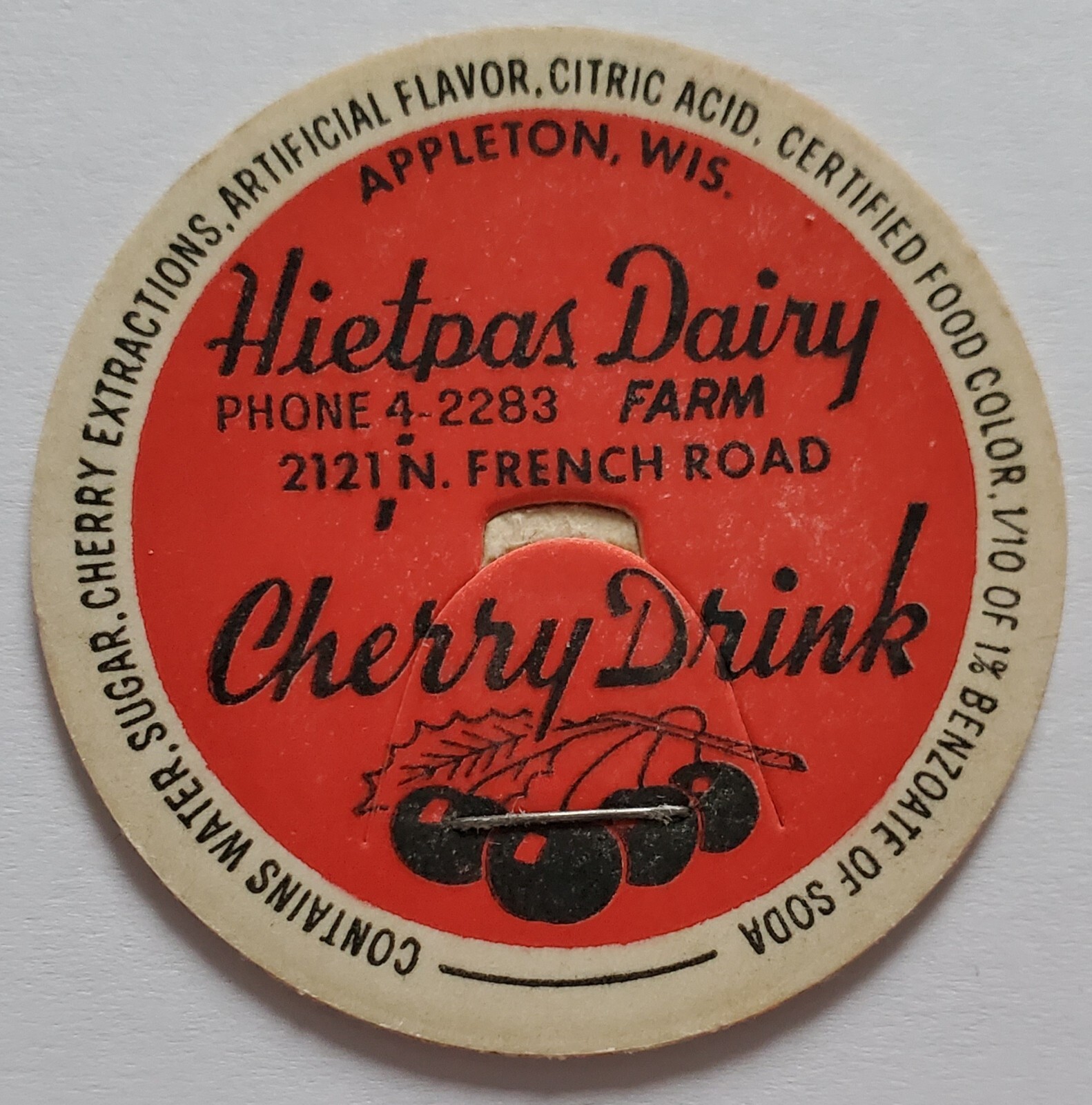Hietpas Dairy Farm Milk Bottle Cap; 1940's; FREE shipping!; (Appleton ...