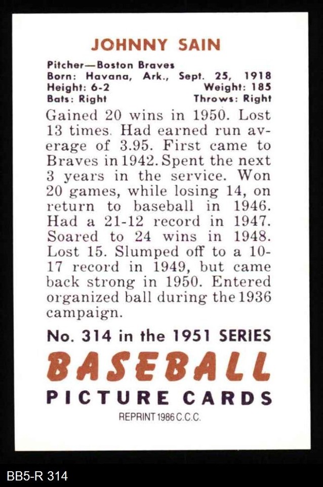1951 Bowman REPRINT #314 Johnny Sain Braves 8 - NM/MT | eBay