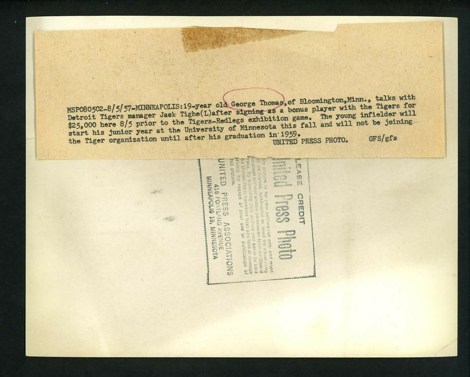 Jack Tighe & George Thomas 1957 Type 1 Press Photo Detroit Tigers | eBay