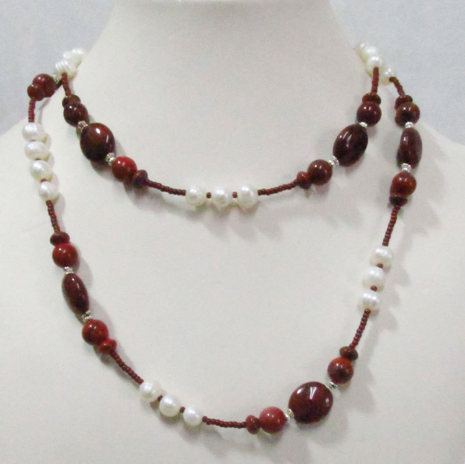 Jasper Beaded Necklace Fresh Water Pearls Loop & Bar Clasp | eBay