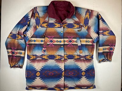 Vintage Aztec Print Fleece Jacket Womens L Retro Ski Zip Reversible ...