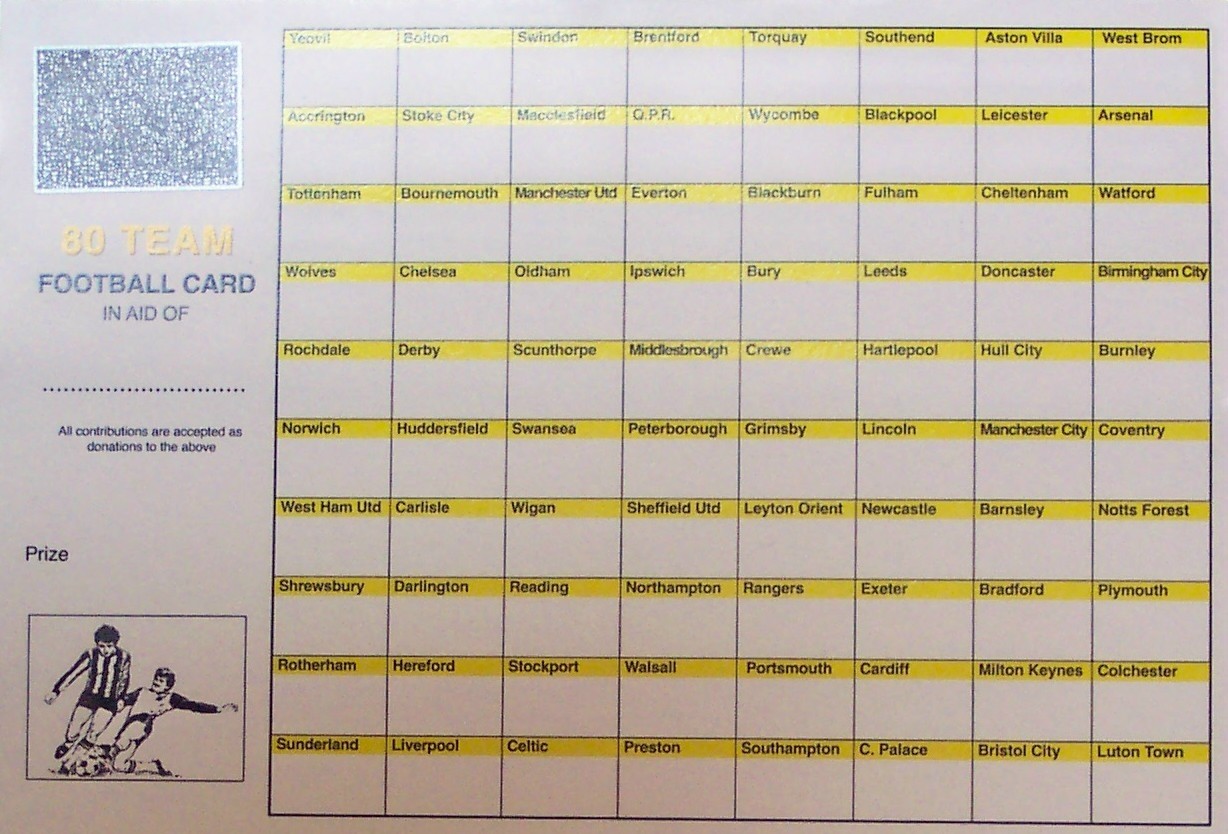 Football Scratch CARDS 80 team Fund raising charity Panel (or other ...
