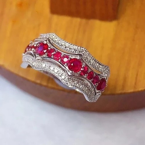 3Ct Round Cut Lab-Created Red Ruby Engagement Band Ring 14k White Gold ...