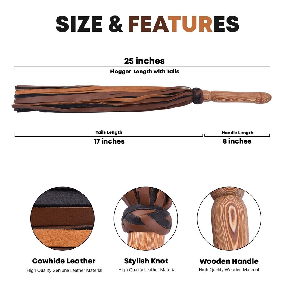 Real Genuine Cow Hide Leather Flogger Wooden Handle Brown Heavy Duty 50 ...