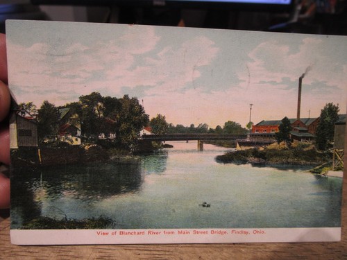 F1 Vintage Old OHIO Postcard FINDLAY Blanchard River Main Street Bridge ...