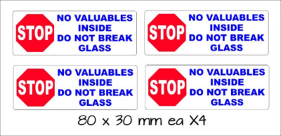 Stop No Valuables Inside Stickers FOUR (4) 80 x 30 mm each | eBay Australia