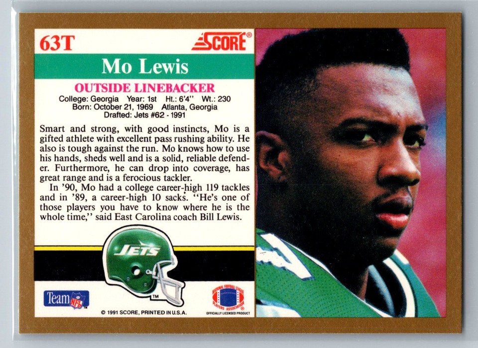 1991 Score Rookie & Traded Mo Lewis Rookie New York Jets RC #63T | eBay