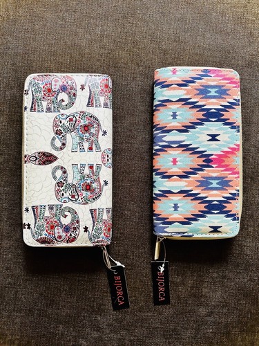 Set of 2 - zip around wallets, Colorful Fun Design. Holds cards, money ...