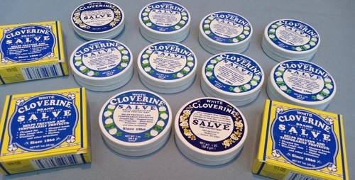 LOT (10) WHITE CLOVERINE SALVE 1 OZ ADV. TINS EMPTY SM BOTTOM W 3 ORIG ...