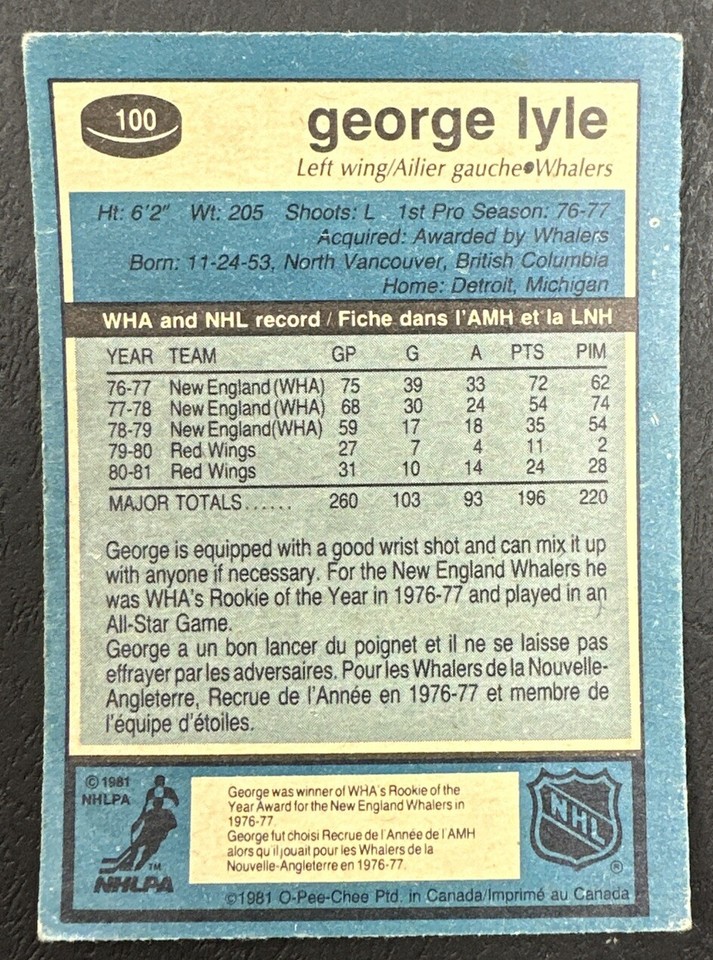1981-82 O-Pee-Chee OPC Hockey - #100 George Lyle - Hartford Whalers | eBay