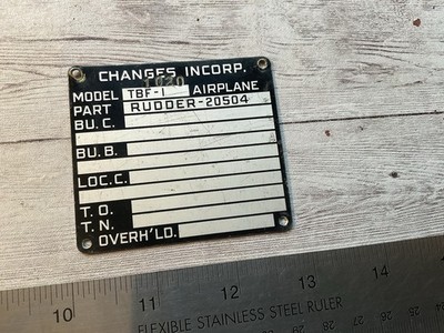 ORIG WWII SPEC DATA NAME PLATE FROM GRUMMAN TBF-1 AVENGER AIRCRAFT ...