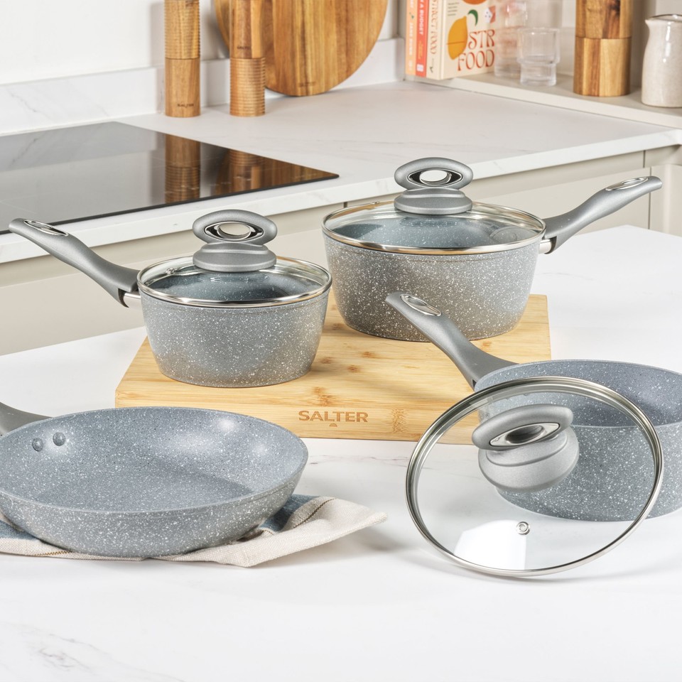 Salter Pan Set 4PC Cookware Set Fry Pan Saucepan Non-Stick Marblestone ...