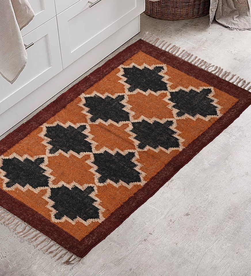 Hand Knotted Wool Jute Dhurrie Rug Color Brown & Black Handmade Carpet ...