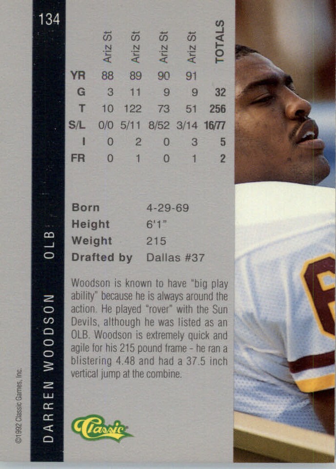 1992 Classics Four Sport Draft Picks #134 Darren Woodson - Arizona ...