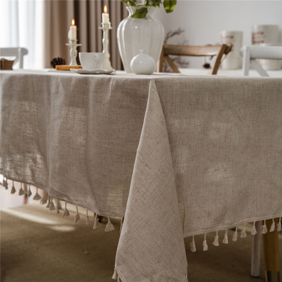 Beige Linen Tablecloth Tassel Fringe Table Cloth Cover Dining Kitchen ...