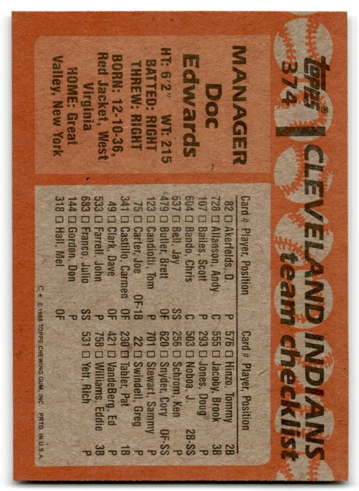 1988 Topps Doc Edwards Cleveland Indians #374 | eBay