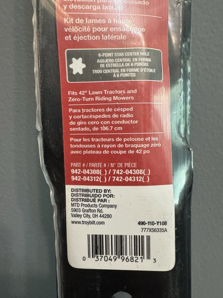 TROY-BILT 490-110-Y108 High Lift Blade Set for 42" Mowers 942-04308 742 ...