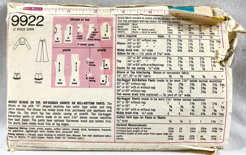 1972 Simplicity Sewing Pattern 9922 Womens Blouse Top Shorts Pants Size ...