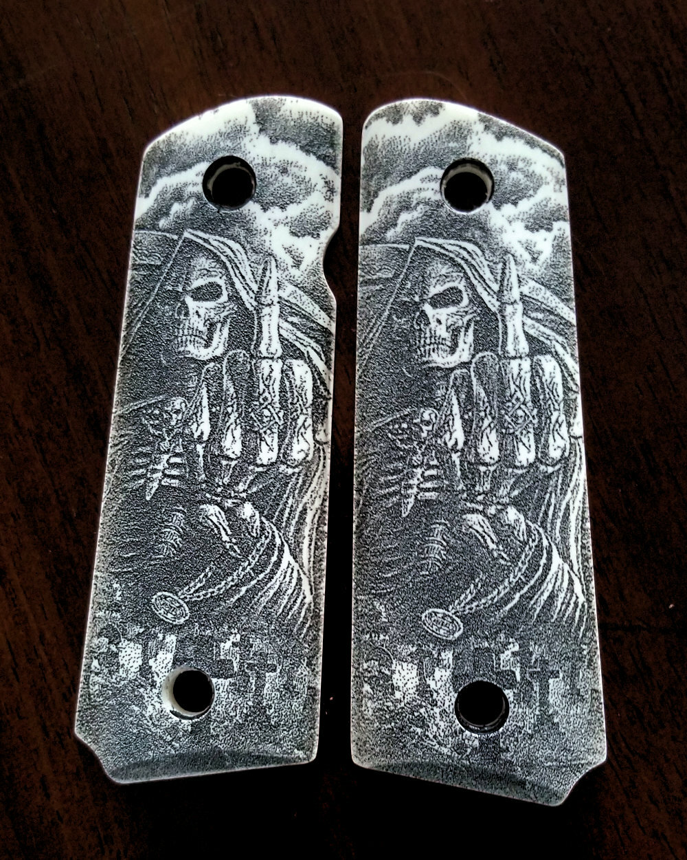 1911 full size custom engraved imitation ivory grips Skull Grim Reaper ...