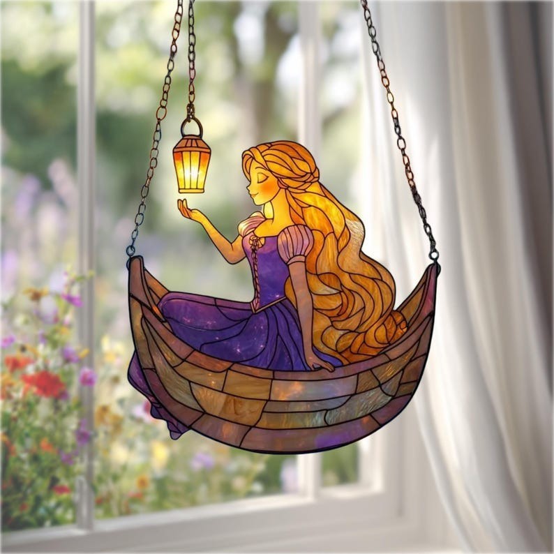 Rapunzel Lantern Scene Acrylic Suncatcher, Fairytale Stained Glass ...
